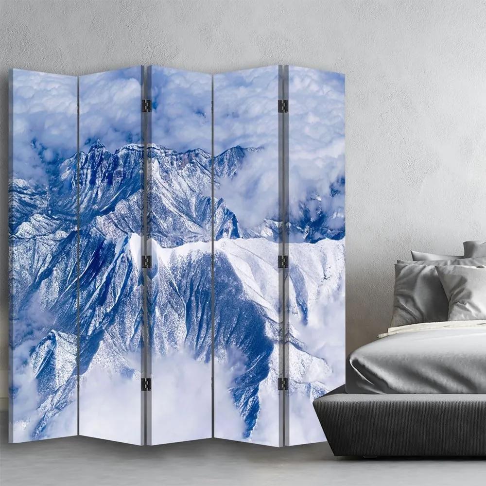 Ozdobný paraván Hory Zimní modrá - 180x170 cm, pětidílný, obustranný paraván 360°