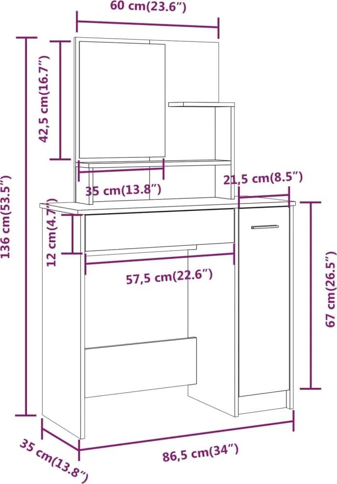vidaXL Toaletní stolek sada 86,5 x 35 x 136 cm [3114148] Barva: bílá s vysokým leskem