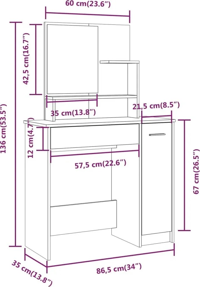 vidaXL Toaletní stolek sada 86,5 x 35 x 136 cm [3114148] Barva: hnědý dub