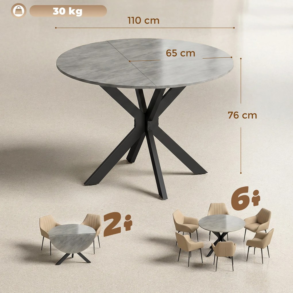 HOMCOM kulatý skládací jídelní stůl, pro 2–6 osob, ocelové nohy do kříže, do malých prostor, jídelna, kuchyně, 110 x 76 cm, cementově šedý