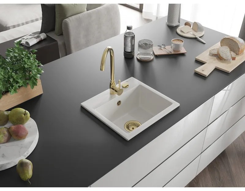 Mexen Milo, 1-komorový granitový dřez 43,5x41 cm a kuchyňská baterie Telma, bílá, 6505-20-670200-50
