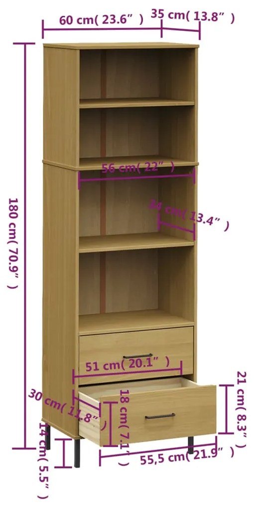 Knihovna Oslo se 2 zásuvkami - masivní dřevo - 60x35x180 cm | hnědá