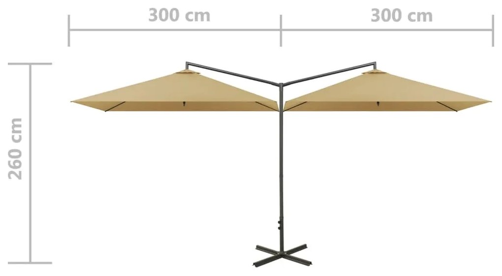 vidaXL Marketos Dvojitý zahradní slunečník s ocelovou tyčí taupe 600 x 300 cm