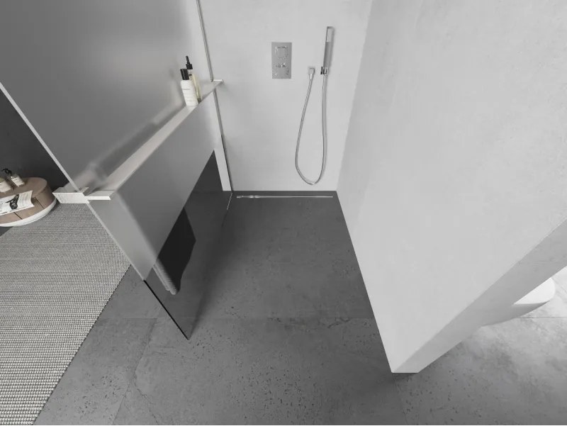 Mexen Kioto+ L, sprchová zástěna Walk-In s poličkou a věšákem 70 x 200 cm, 8mm čiré sklo-námraza, broušená ocel profil, 800-070-123-97-35