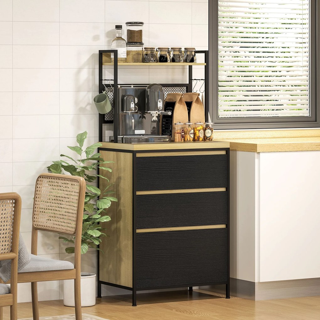 HOMCOM Kuchyňská Skříňka Buffet S úložným Prostorem, Průmyslový Styl, 3 Zásuvky, Deska, Polička a 4 Háčky, Mikrovlnná Skříňka do Jídelny a Obývacího …