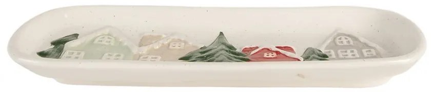 Bílá keramická dekorační miska/talíř s domečky - 30*12*3 cm