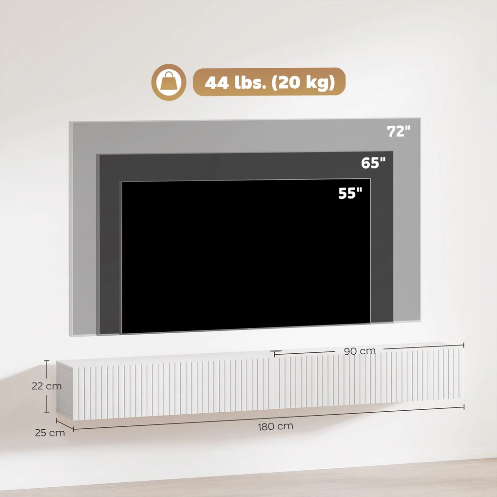 HOMCOM Zavěšený TV nábytek 180 cm, TV nábytek pro televizory až do 183 cm, 2 sklápěcí dveře, 180x25x22 cm, bílá