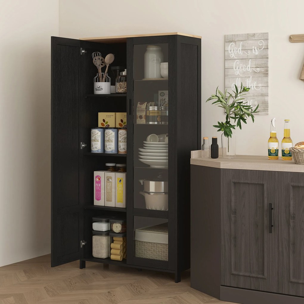 HOMCOM Kuchyňská Skříň, Kuchyňský Buffet, Vitrína, Úložná Skříň se 2 Dveřmi včetně 1 Skleněných Dveří - Úložná Jednotka s Nastavitelnými Policemi a 9…