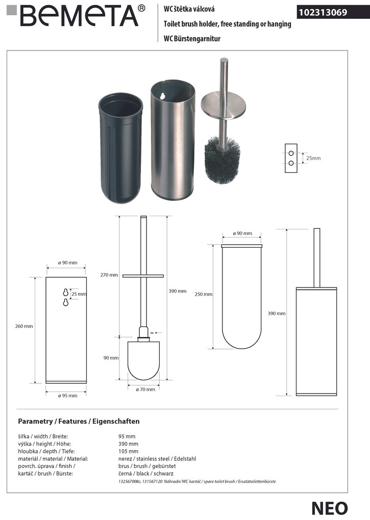 Bemeta Design NEO: WC štětka, na postavení/pověšení, nerez, plast - 102313069