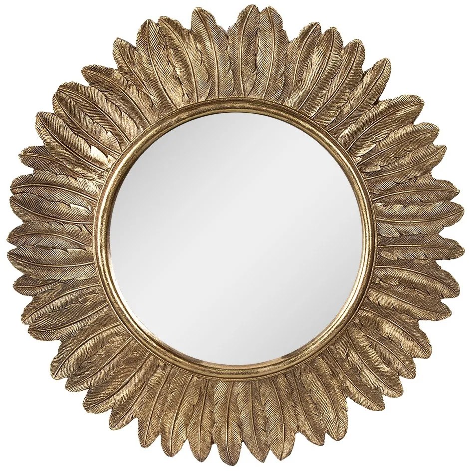 Zlaté antik nástěnné kulaté zrcadlo s peříčky - Ø 31*2 cm