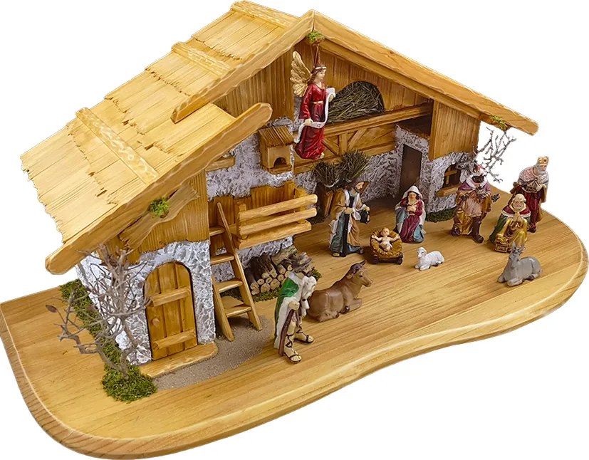 AMADEA Dřevěný osvětlený betlém BEZ FIGUREK 80 cm