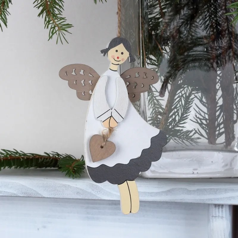 Vánoční dekorace dřevěný závěsný anděl bílý 15,5cm