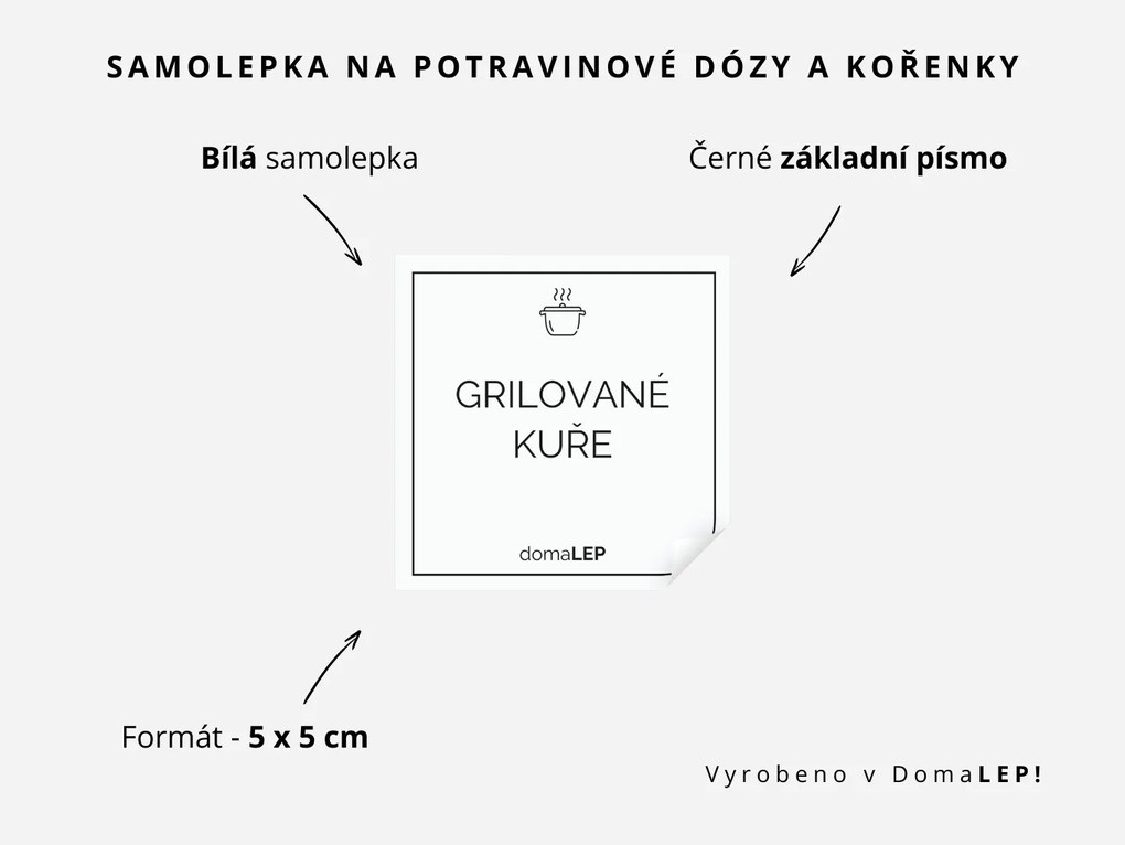 GRILOVANÉ KUŘE - omyvatelná samolepka na kořenky, výběr rozměrů Ø 5 cm / 5 x 5 cm / 6 x 8 cm | DomaLEP tvar: KOLEČKO, barva: BÍLÁ - ČERNÉ písmo, velikost: Ø 5 cm - základní písmo