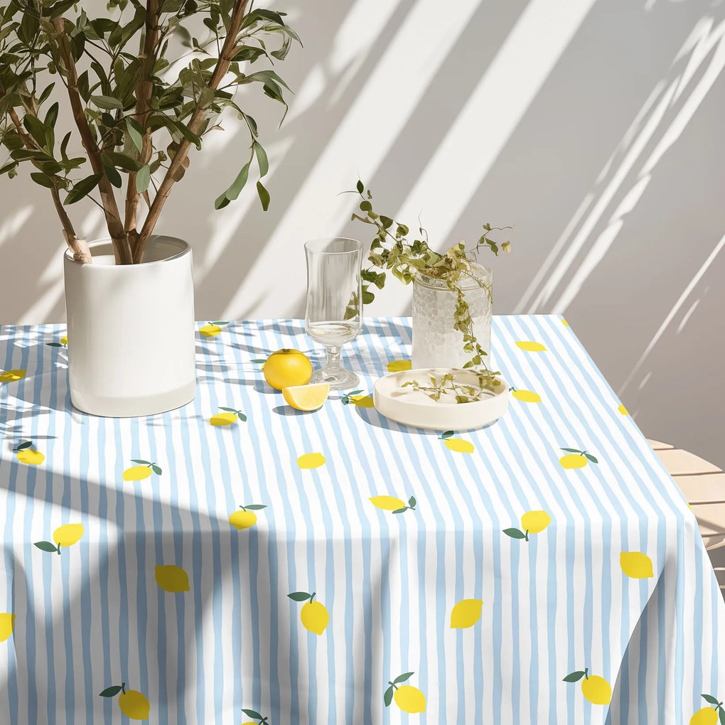 Goldea hranatý ubrus 100% bavlněné plátno - svěží citrony s proužky 120 x 120 cm