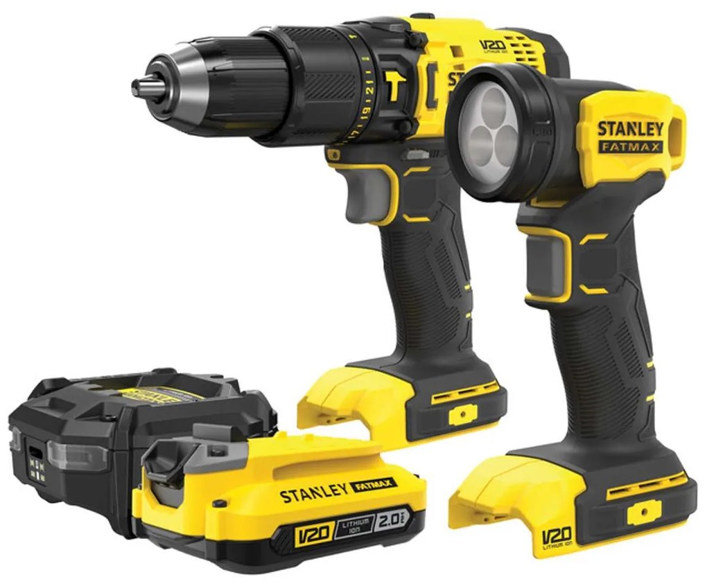 Stanley - 18V AKU sada příklepové vrtačky a LED svítilny, 1x aku 2,0 Ah Li-Ion, nabíječka SFMCK210D1-QW