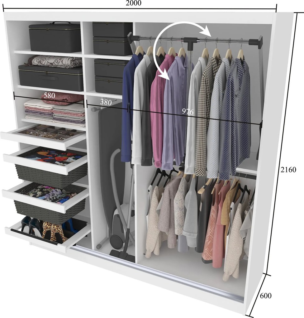 Šatní skříň SERENITY 200 cm Belini bílý mat / bílý mat s posuvnými dveřmi a zrcadlem  ME SERENITY SZP5/0/W/W/0/HIAL