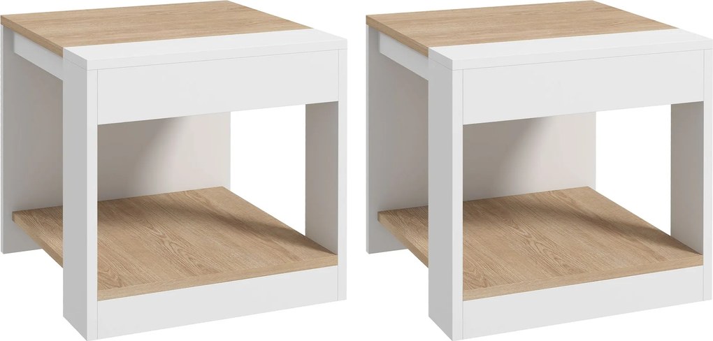 HOMCOM Sada 2 rustikálních dřevěných nočních stolků pro obývací pokoj a ložnici 40 x 40 x 45 cm Bílá a Přírodní | Aosom