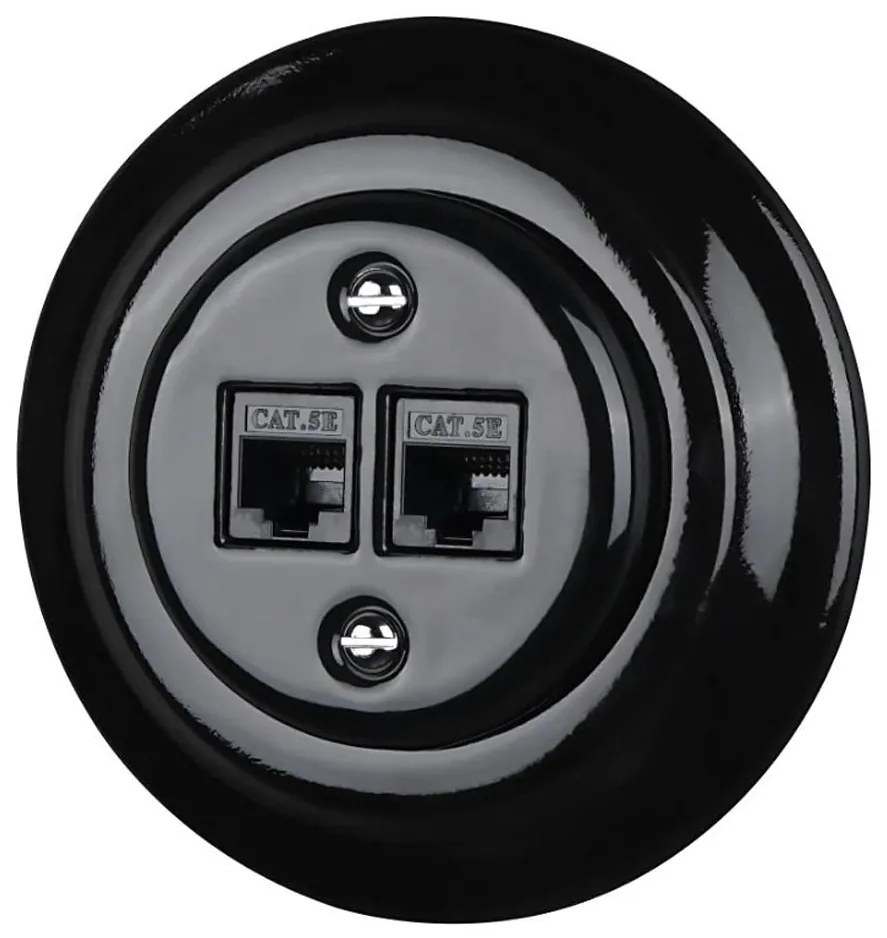 Bohemia-Design - Porcelánová retro ethernetová zásuvka s rámečkem 2xCAT.5E černá 12359387