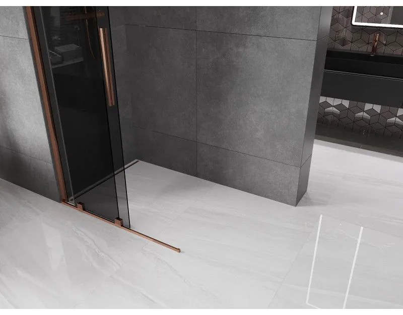 Mexen Velar, sprchová zástěna s posuvnými dveřmi Walk-in 75 x 200 cm, 8mm šedé sklo, růžové zlato, 871-075-000-43-60