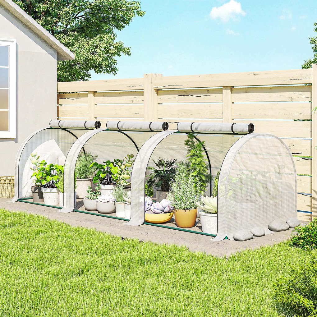 Outsunny mini skleníkový tunel pro rajčata 3 × 1 × 0,80 m, práškově lakovaný ocelový rám, vysokohustotní PE 140 g/m², odolný proti UV, 3 rolovací zip…