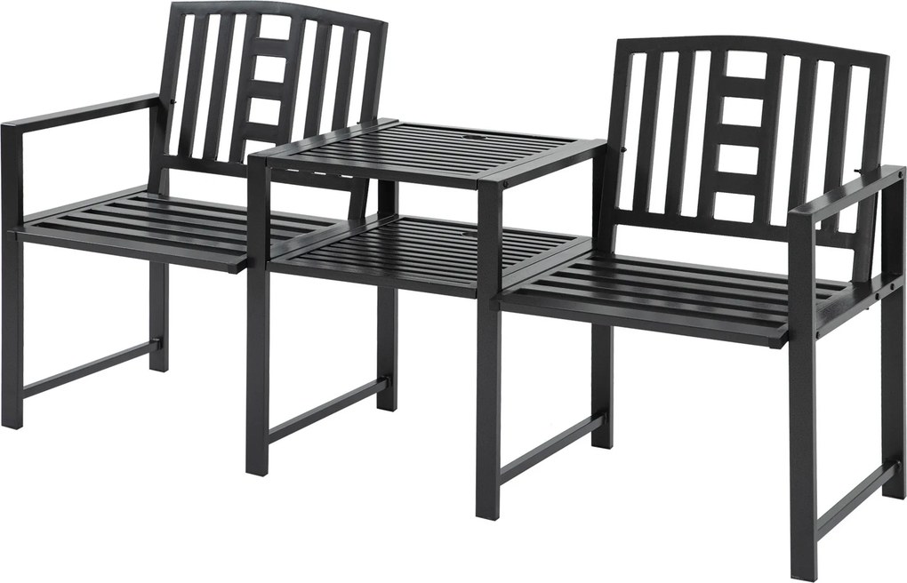 Outsunny Moderní zahradní lavice pro 2 osoby s stolem a otvorem na slunečník, venkovní nábytek 165x56x85,5cm Černá