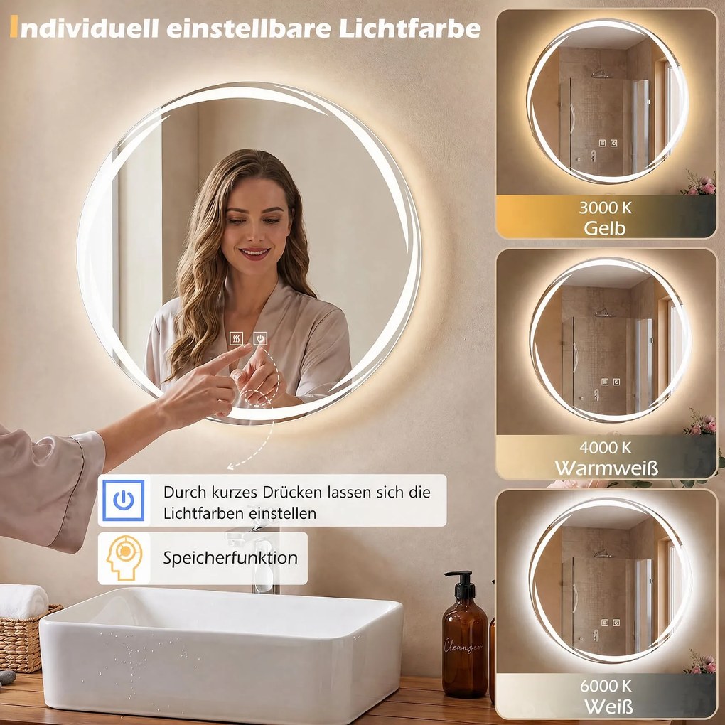 Costway Koupelnové zrcadlo s osvětlením 50 cm Kulaté LED koupelnové zrcadlo