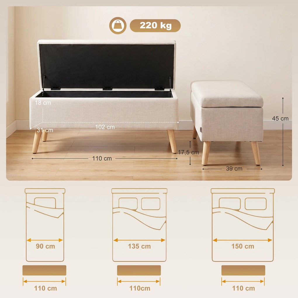 HOMCOM Lavice Čalouněná lavice s úložným prostorem 110 x 39 x 45 cm v béžové barvě se vzhledem lnu do předsíně ložnice obývacího pokoje z kaučukového…