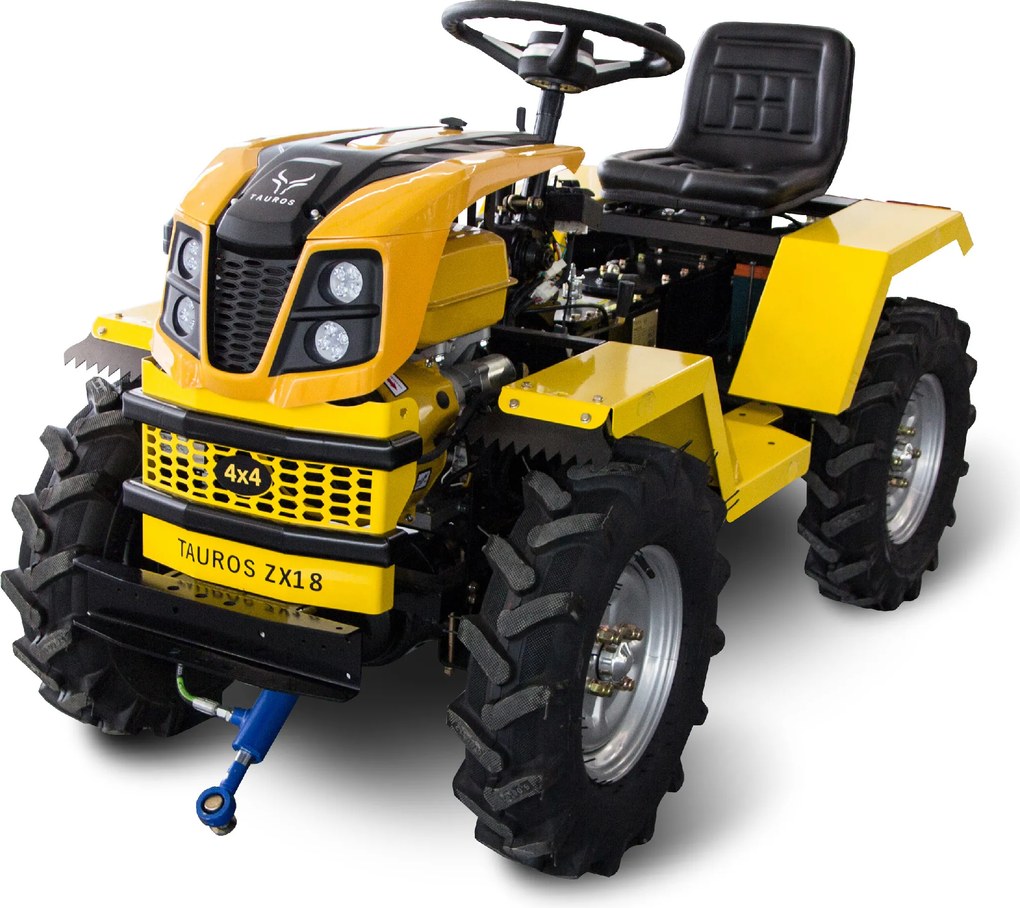 Tauros ZX18b 4x4 - malotraktor + přední radlice + tažné zařízení + vlečka + rám se stříškou + industriální kola (zimní set)