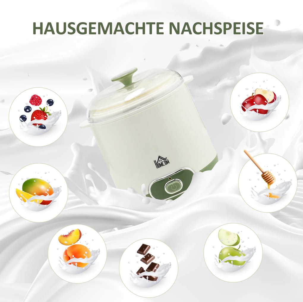 HOMCOM Přístroj na jogurt, 1,5 l jogurtovač s cedníkem, víkem, 20 W jogurtovač pro řecký jogurt, pro 3–5 osob, 19,5x17,5x21,4 cm, bílá