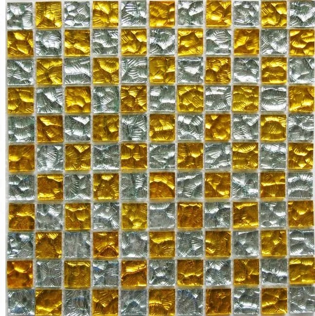 Maxwhite JSM-JM027 Mozaika skleněná šachovnice, žlutá, stříbrná 29,7 x 29,7 cm