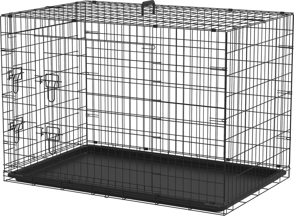 Skládací psí klec PawHut - transportní box s 2 dveřmi, odnímatelnou zásuvkou a madlem 121x77x82 cm černá | Aosom