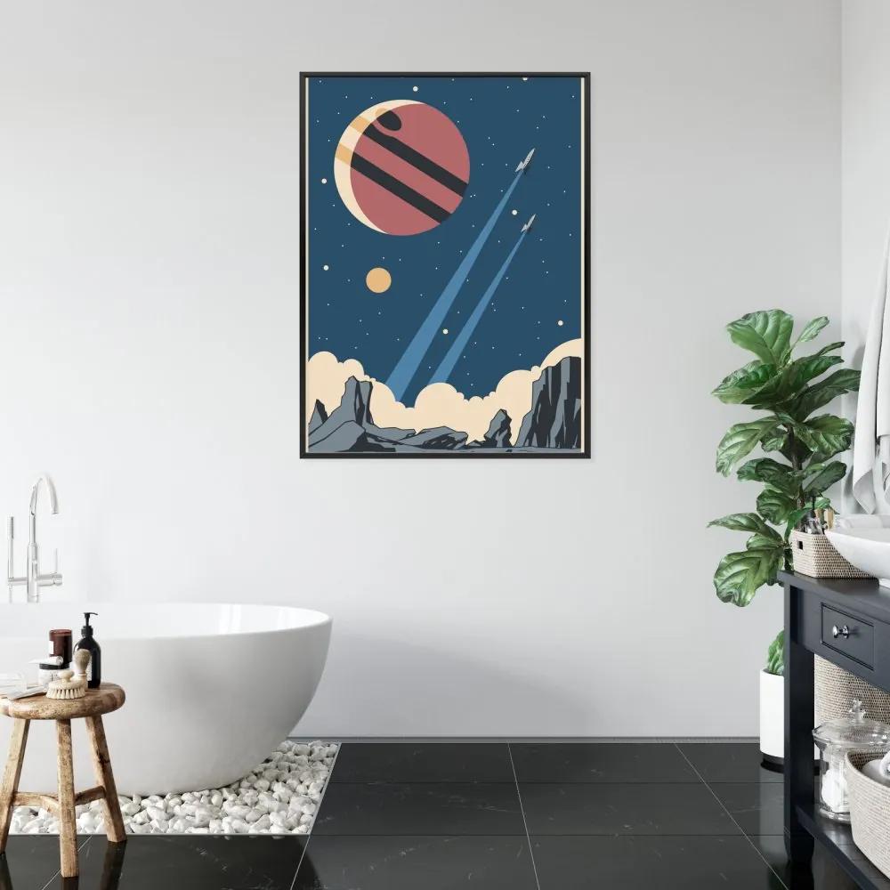 Plakát Raketové Planety A Hvězdy V Retro Stylu Rám Hliník Barva Černá Černá Hliník Plakátový papír 50x70