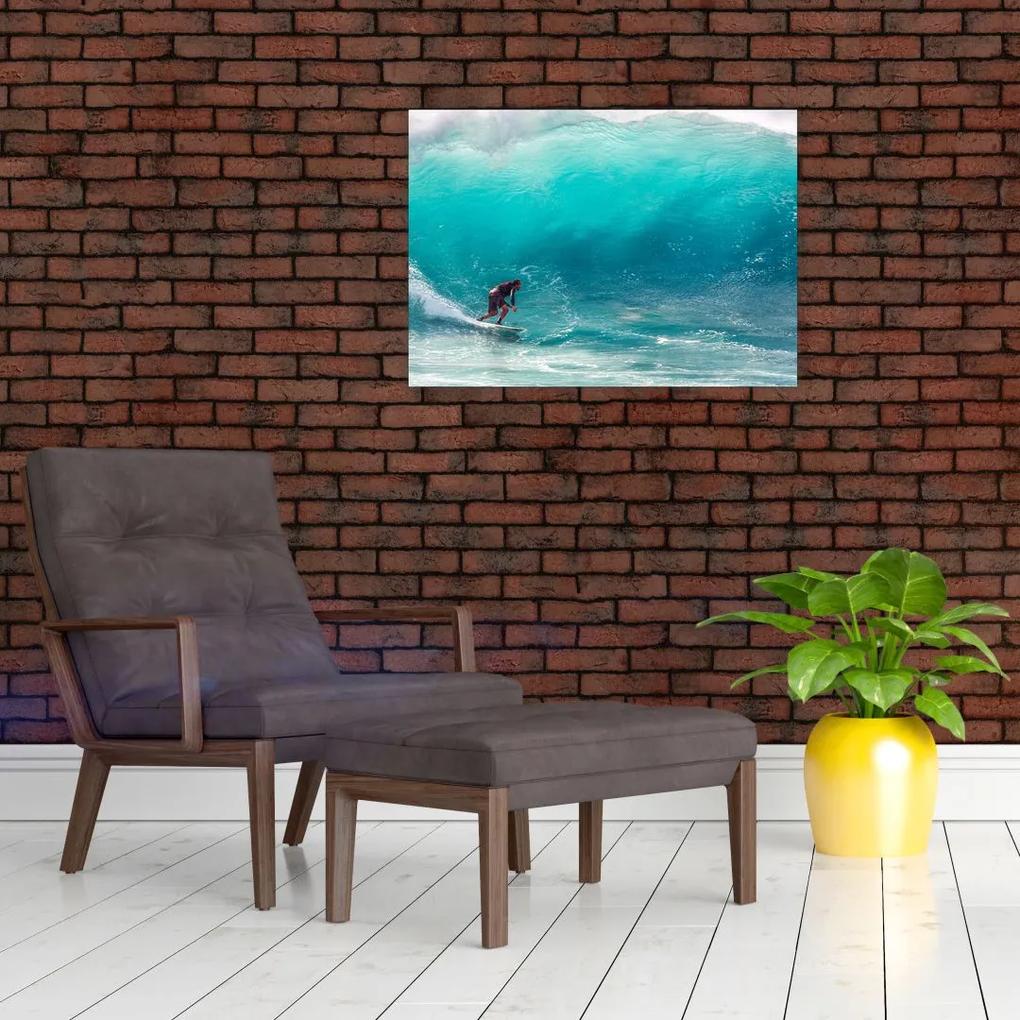 Skleněný obraz surfaře ve vlnách (70x50 cm)