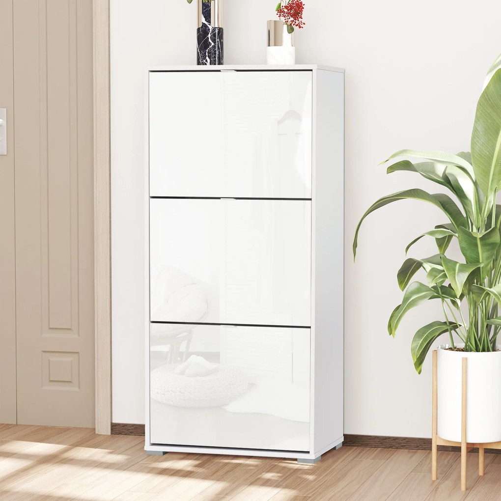 HOMCOM Skříň na boty s 3 výklopnými dvířky a 3 přihrádkami, dřevo 60L x 26Š x 124V cm, vysoce lesklá bílá