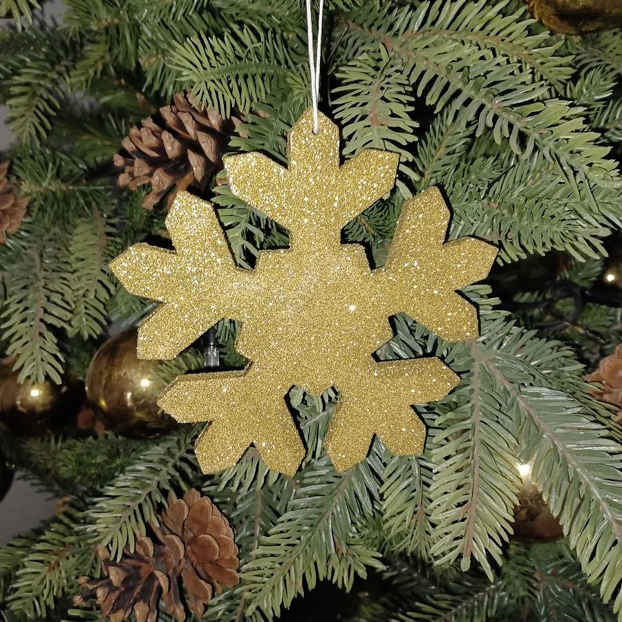 Vánoční ozdoba vločka I, pr. 15 cm, zlatá, překližka, venkovní