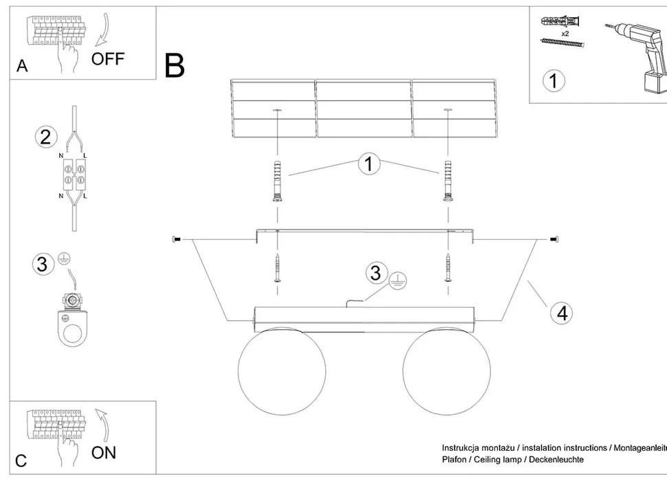Černé stropní svítidlo se skleněným stínidlem ø 12 cm Umerta – Sollux