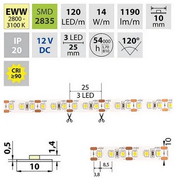 LED pásek McLED 12V teplá bílá š=10mm IP20 14W/m 120LED/m SMD2835 ML-121.367.60.2