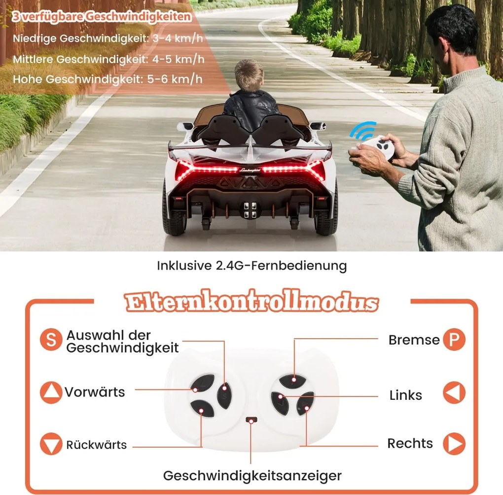 Costway Dětské elektrické auto Lamborghini s dálkovým ovládáním a LED – bílý