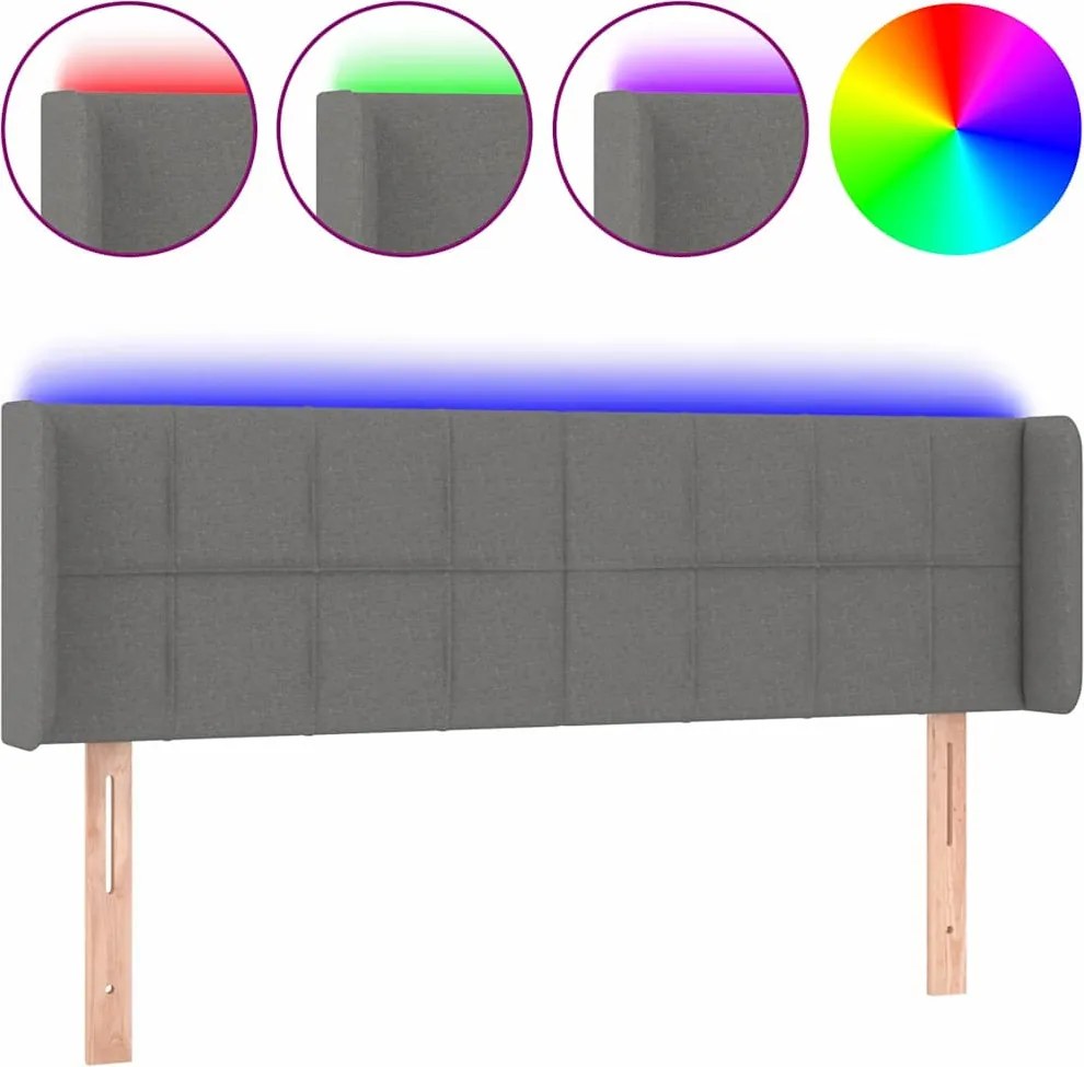 Čelo postele s LED tmavě šedé 147 x 16 x 78/88 cm textil 3123235