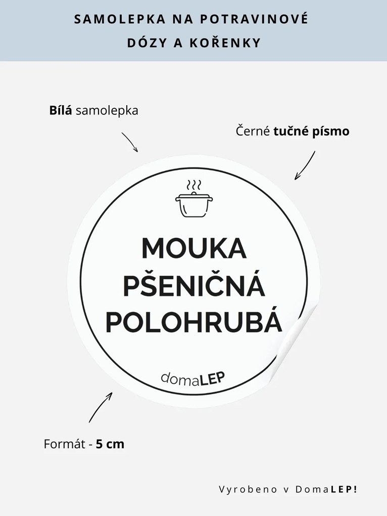 MOUKA PŠENIČNÁ POLOHRUBÁ - omyvatelná samolepka na dózu, výběr rozměrů Ø 5 cm / 5 x 5 cm / 6 x 8 cm | DomaLEP