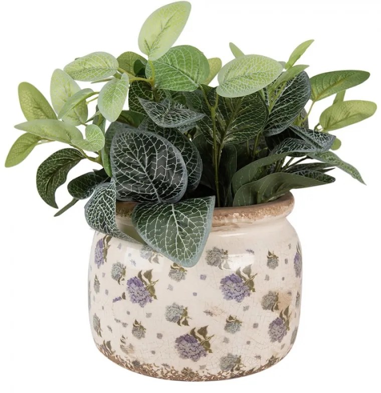 Béžový keramický obal na květináč s květy hortenzie Harrie – 20x15 cm