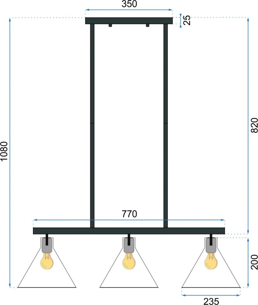 Toolight - Skleněná kovová stropní svítilna 3xE27 APP318-3CP, černá, OSW-00414