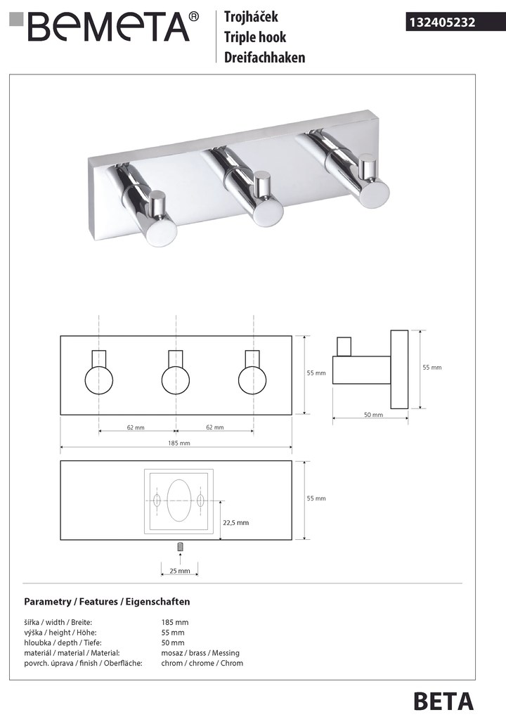 Bemeta Design BETA: Věšák, se 3 háčky - 132405232