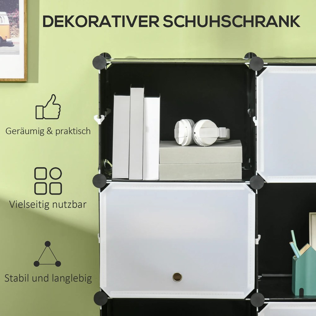 HOMCOM Botník Úložný box s 12 kostkami DIY zásuvný regál s dvířky Plastová ocel Černá+bílá 125 x 32 x 125 cm | Aosom