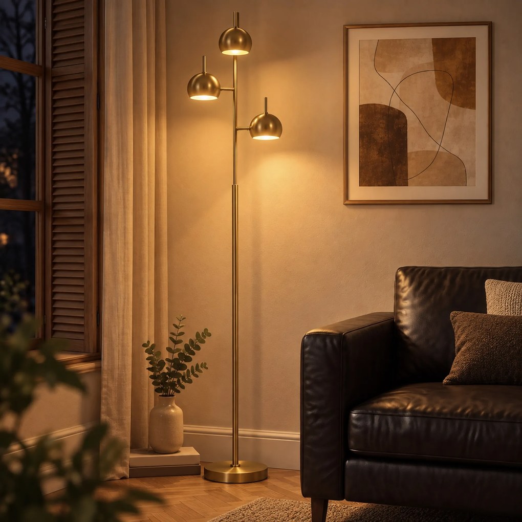 HOMCOM Stojací lampa 350° nastavitelná pro obývací pokoj a kancelář, stojací lampa se 3 stínidly z oceli, zlatá
