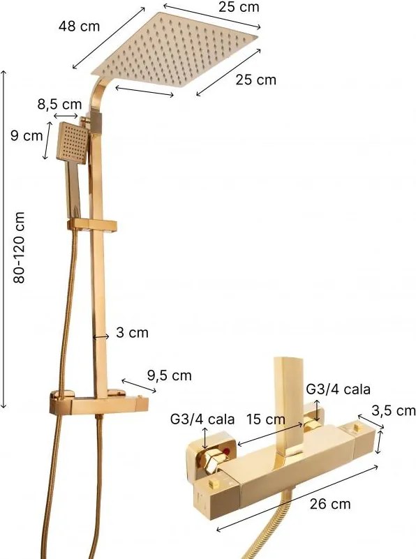 Erga Goba, sprchová souprava s termostatickou baterií a dešťovou hlavicí 25x25 cm, zlatá lesklá, ERG-YKA-BP.GOBA-THERM-25-GLD