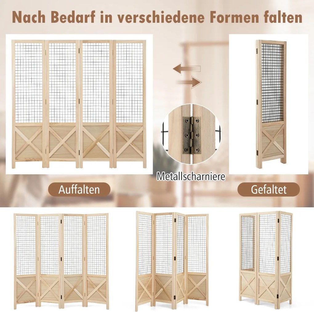 Costway Skládací zástěna dělicí příčka 4dílná příčka dřevěný rám – 151 × 144 cm
