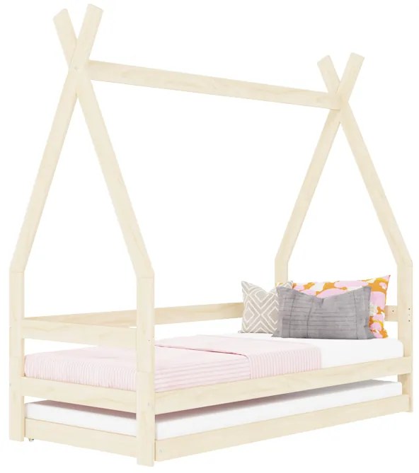 Benlemi Dětská dřevěná postel SAFE 5v1 ve tvaru teepee se zábranou a přistýlkou Zvolte barvu: Béžová, Zvolte rozměr: 90x160 cm, Zvolte zábranu: S jednou zábranou