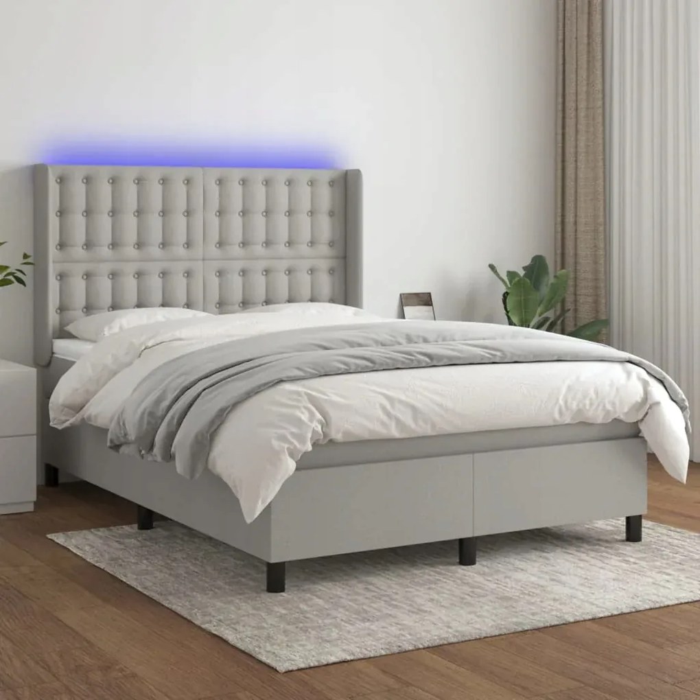 Box Spring Postel S Matrací A Led Textil Světle Šedá tlačítka 140 x 200 c