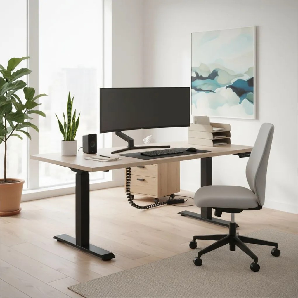 Výškově nastavitelný stůl OfficeTech C, 160 x 80 cm, černá podnož, dub